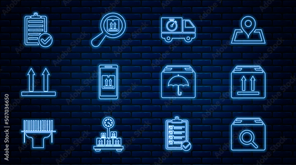 Set line Search package, Cardboard box with traffic, Delivery truck and stopwatch, Mobile app ...