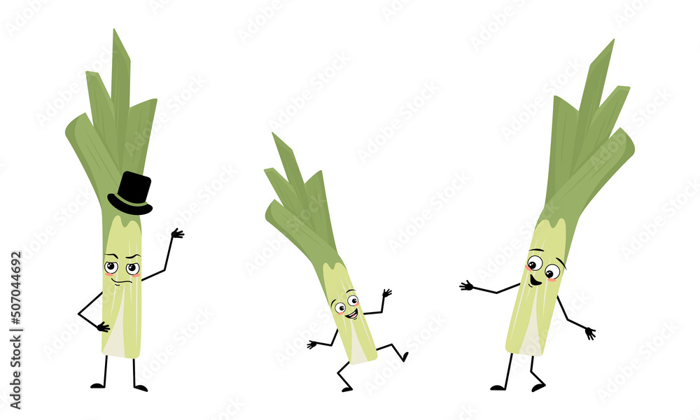 Family of green leek character with happy emotions and poses, smile ...
