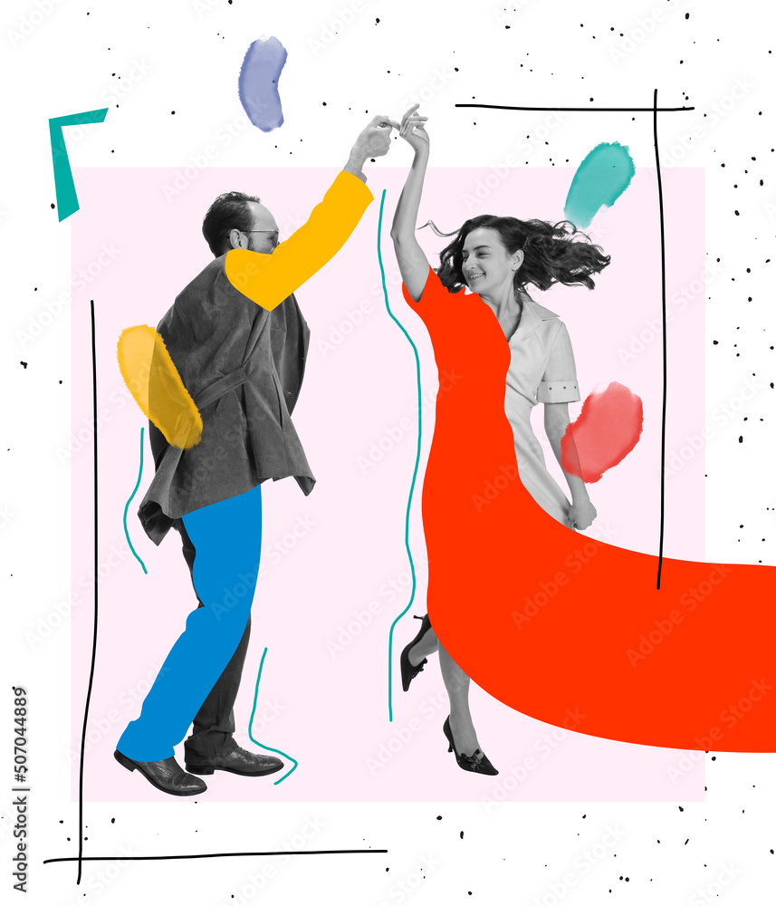 Bright contemporary art collage. Couple of dancers dressed in 70s, 80s ...