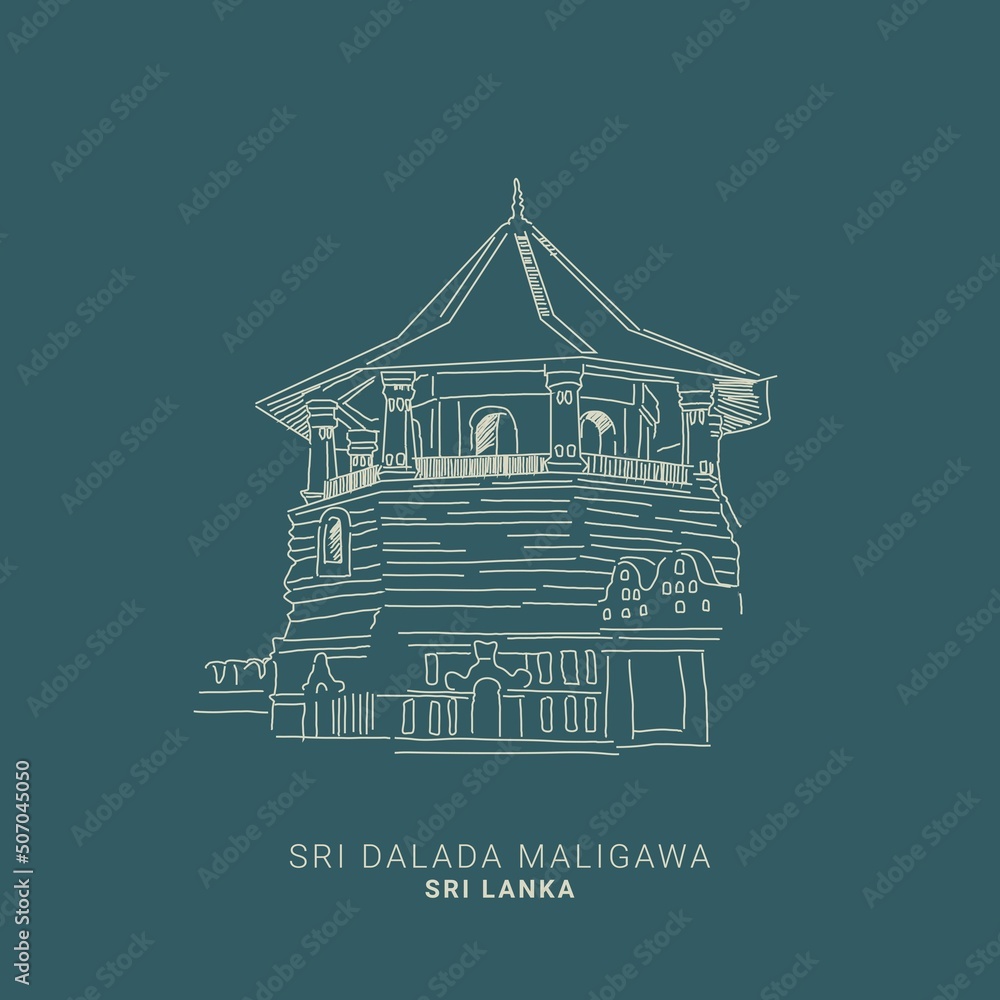 Sri Lanka - Dalada Maligawa, historical places, landmark , hand drawing ...