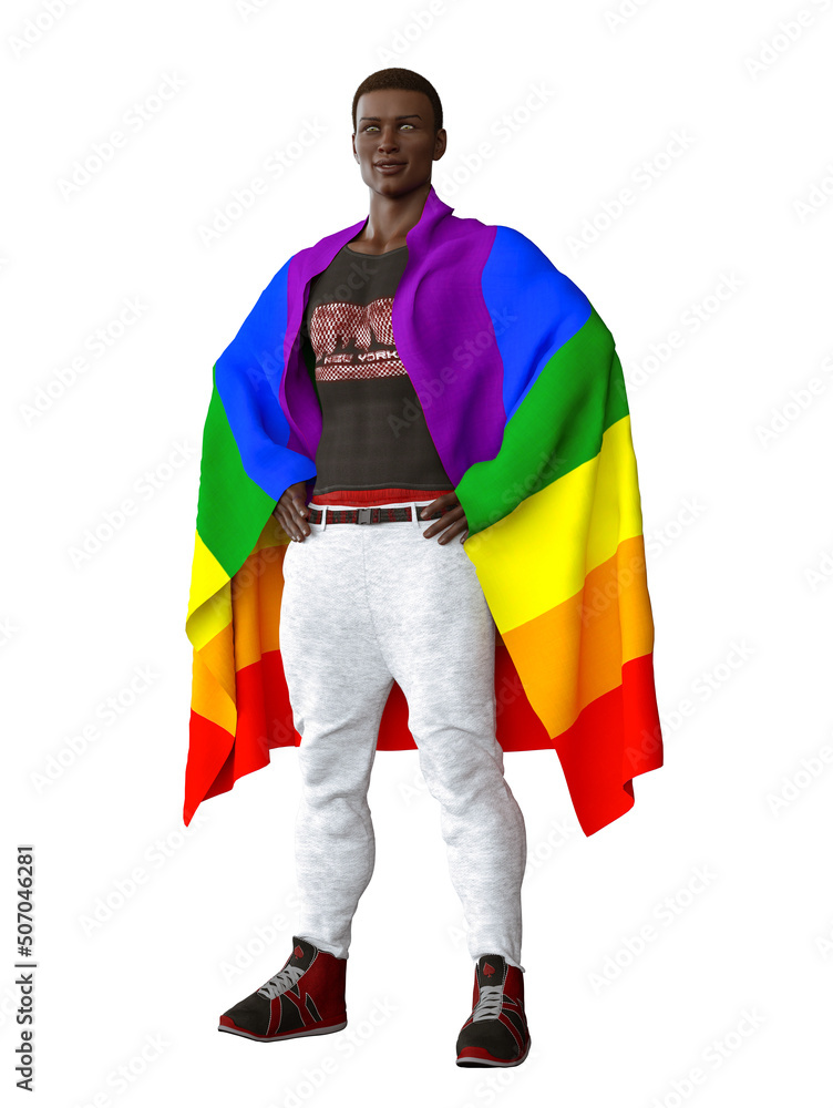 Young white gay holding lgbt rainbow flag at pride event. 3d realistic ...