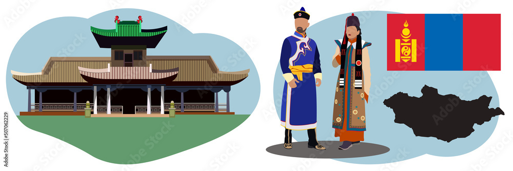 set of illustrations on the theme of the country of Mongolia ...