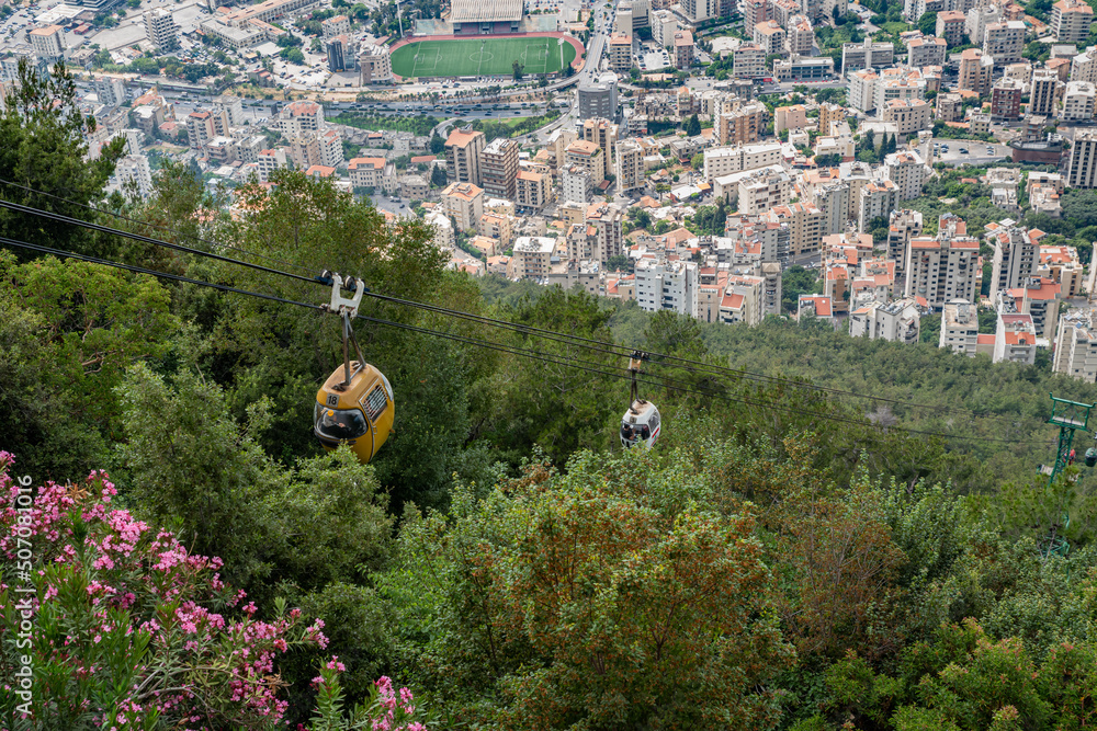 View of cable car and city Jounieh from the top of the Mount Harissa in ...