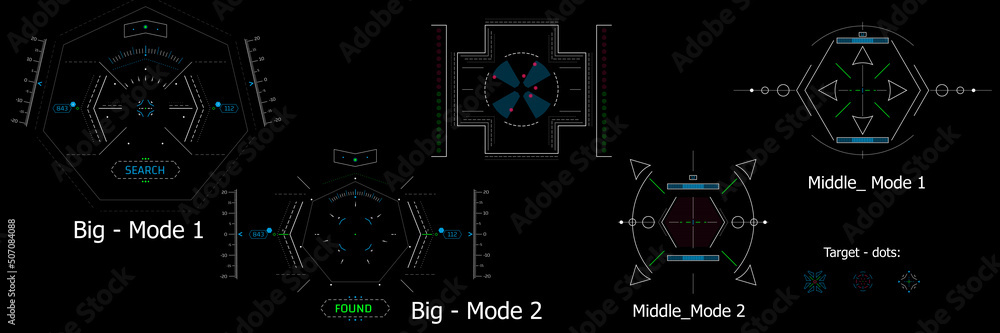 Big set of Hi-tech sniper scope aiming system with two modes. Sci-fi ...