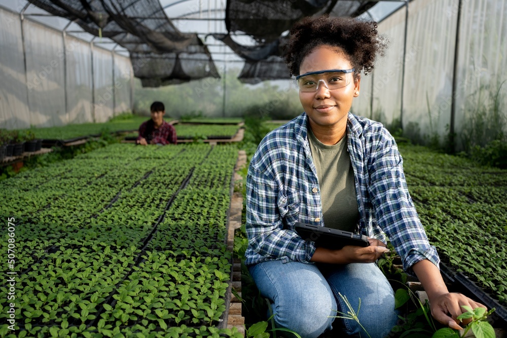 Beautiful female farm owner using tablet smiling friendly at the ...