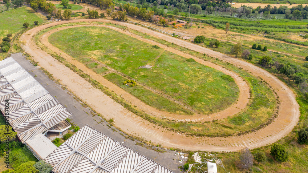 Aerial view of the hippodrome of Tor di Valle in Rome, Italy. This ...