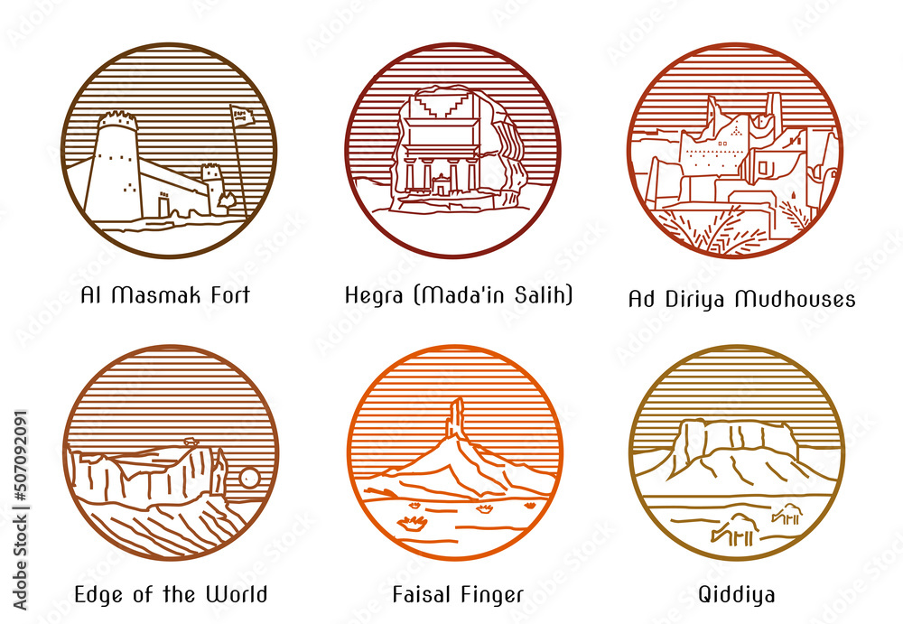Heritage and Natural Landmarks of Saudi Arabia done in Line art style ...