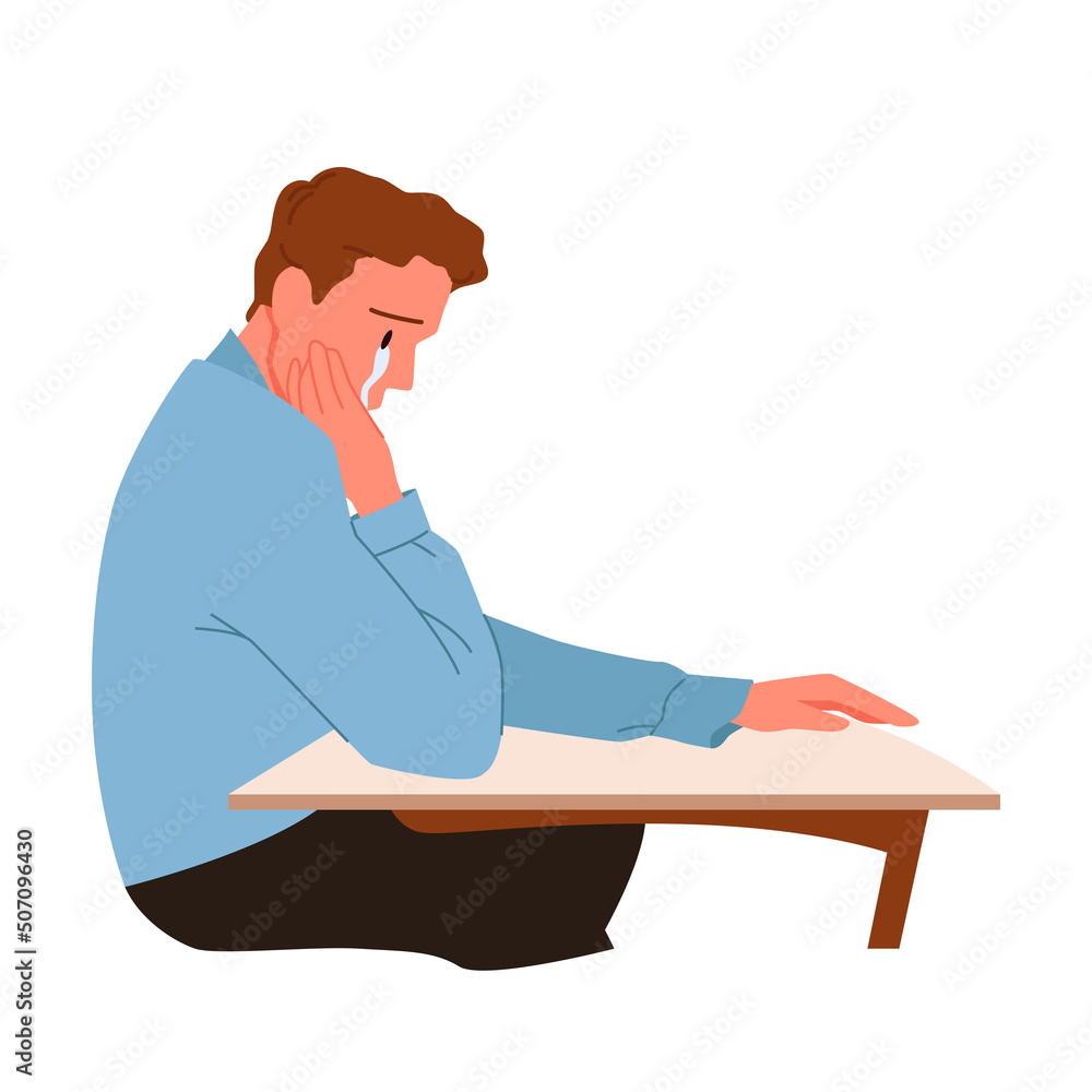 Young sad man crying vector illustration. Cartoon person sitting at ...