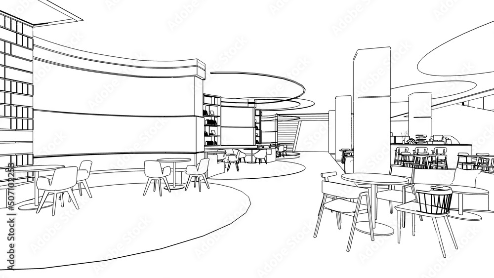 line drawing of coffee shop,Modern design,3d rendering Stock ...