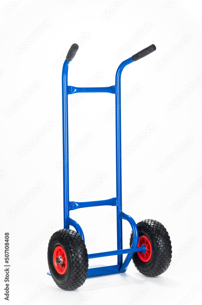 Blue 2-wheel trolley, with rubber wheels, on the white background Stock ...