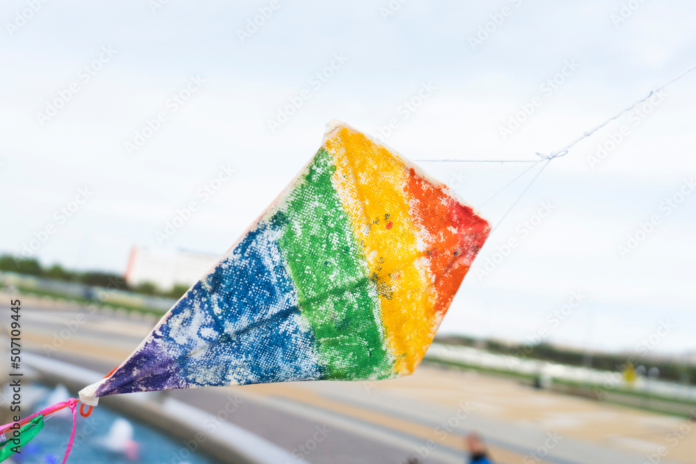 Rainbow kite is made with your own hands. The child made a kite and ...