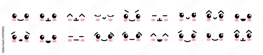 Kawaii cute faces. Manga style eyes and mouths. Funny cartoon japanese ...