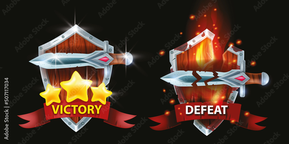 Game badge rank icon, winner achievement award, vector defeat victory ...