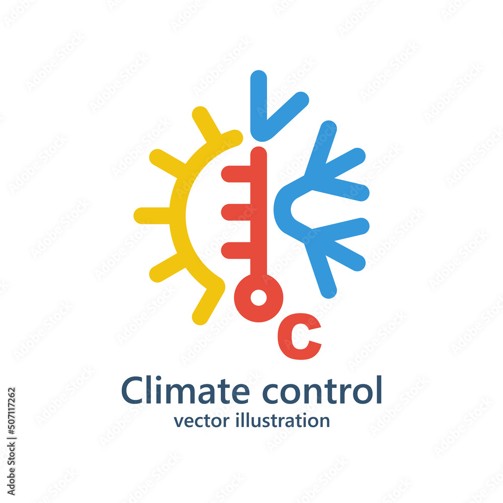 Climate control. Snowflake as symbol of cold. The sun is like high ...