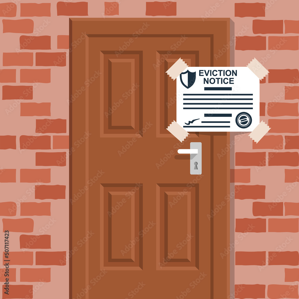 Eviction notice, white sheet on door. Stop sign at the entrance. Key in ...