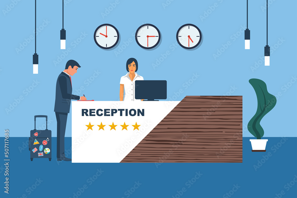 Hotel reception. The businessman client is at registration stand. Woman ...