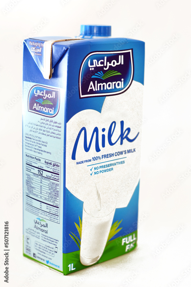 Cairo, Egypt, May 24 2022: Almarai full fat creamy fresh cow's milk of ...