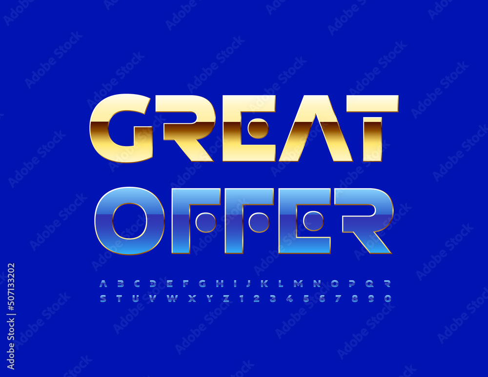 Vector modern promo Great Offer. Blue and Gold futuristic Font. Luxury ...