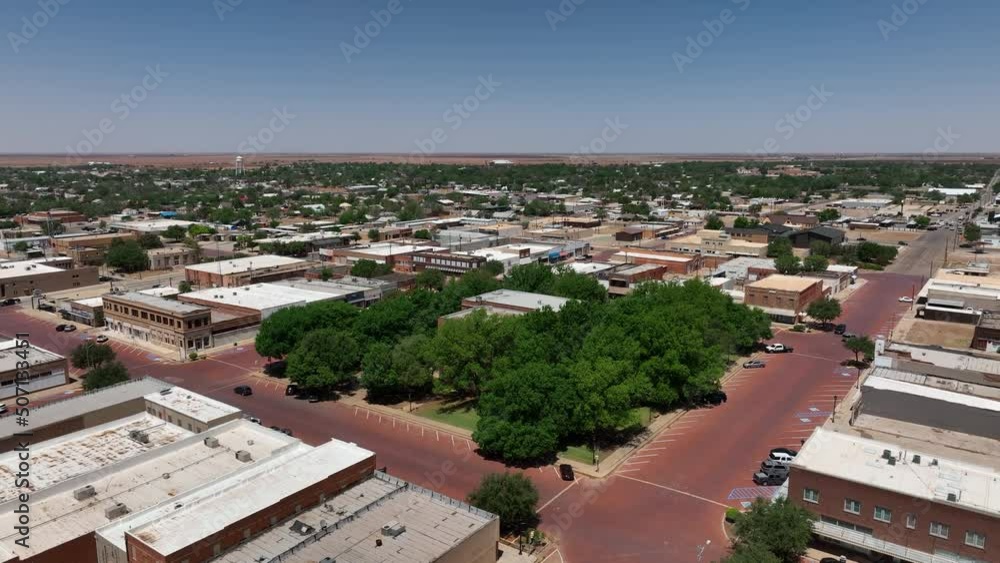 Aerial Lamesa Texas town square fast motion. Rural central Texas oil ...