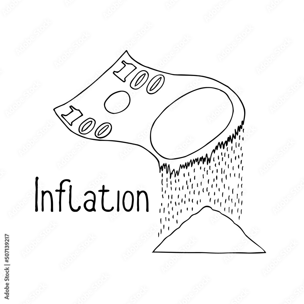 The banknote turns into sand. Next to the inscription "Inflation". The ...