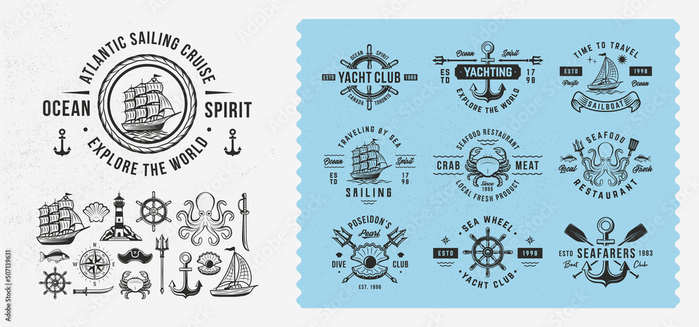 Vector vintage Nautical, Sea logo set. Set of 10 Nautical logo ...
