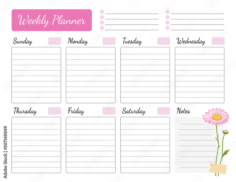 Weekly planner with floral design. Schedule decorated with daisy flower ...