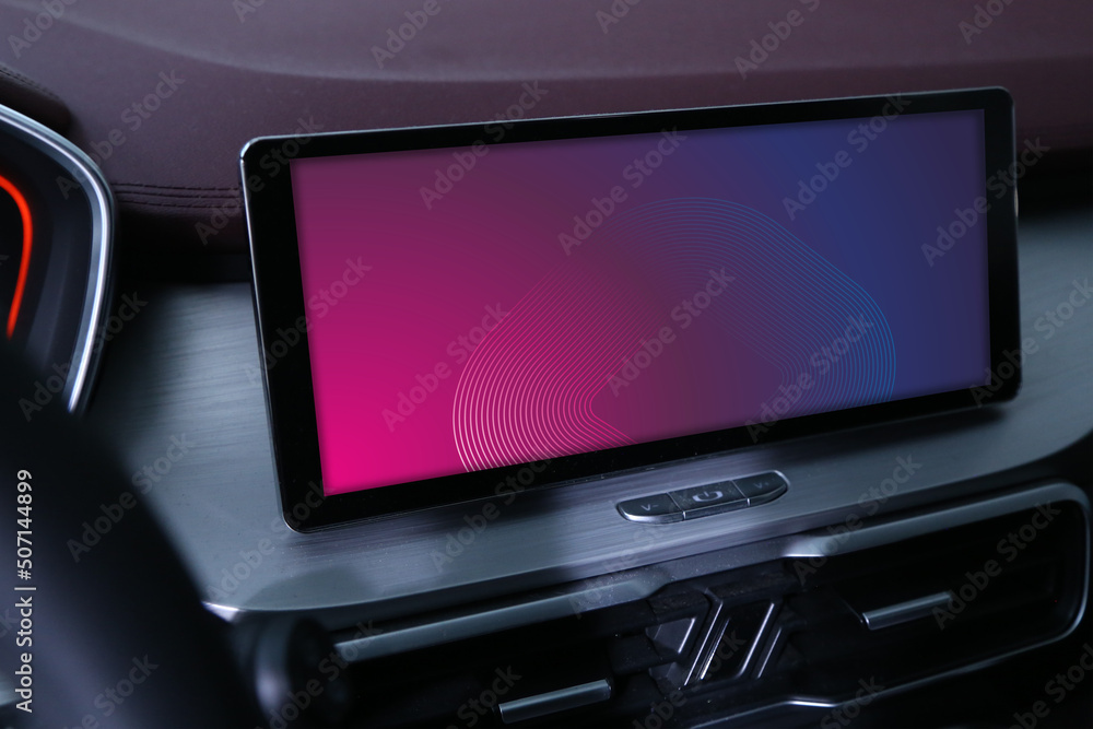 Car navigation system, close up. Monitor with audio stereo system ...