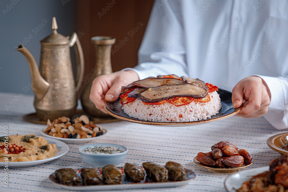 Maqluba dish close-up, rice and vegetables, Arabian national ...