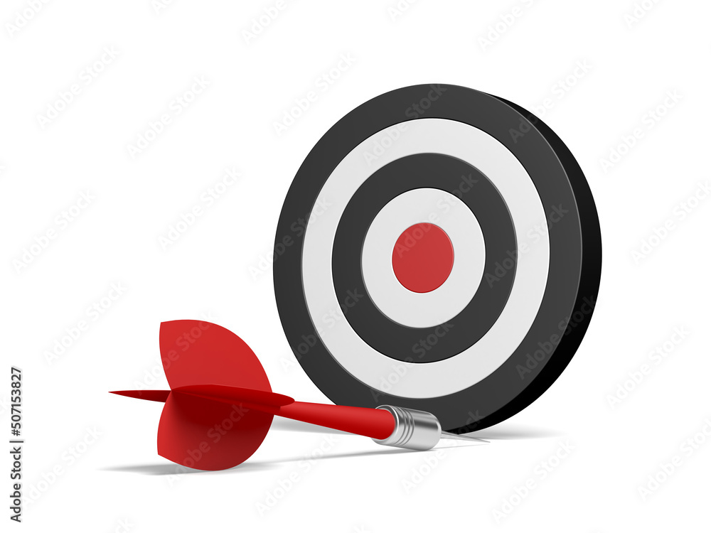 Dart and dartboard isolated on white background. Red dart missed the ...
