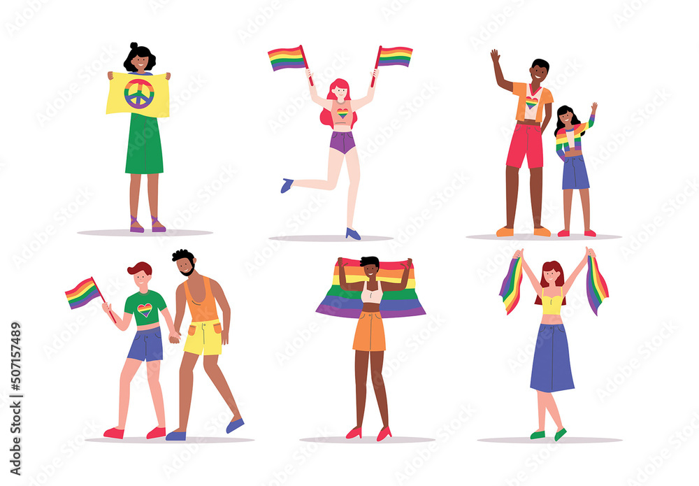 Lgbt Activism Character Illustrations Waving Lgbtq Flags Stock Template ...