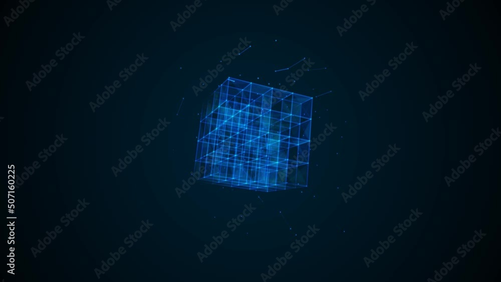 Architectural neon animated symbol of squares, rhombus, dots, particles ...