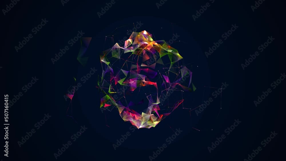 Rainbow animated sphere symbol. Chaotic rotation of lines, particles ...