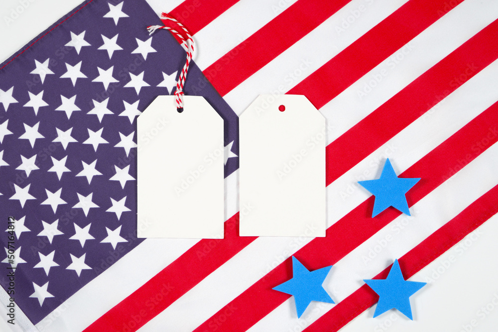 Greeting gift tags product mockup. Patriotic Fourth of July ...
