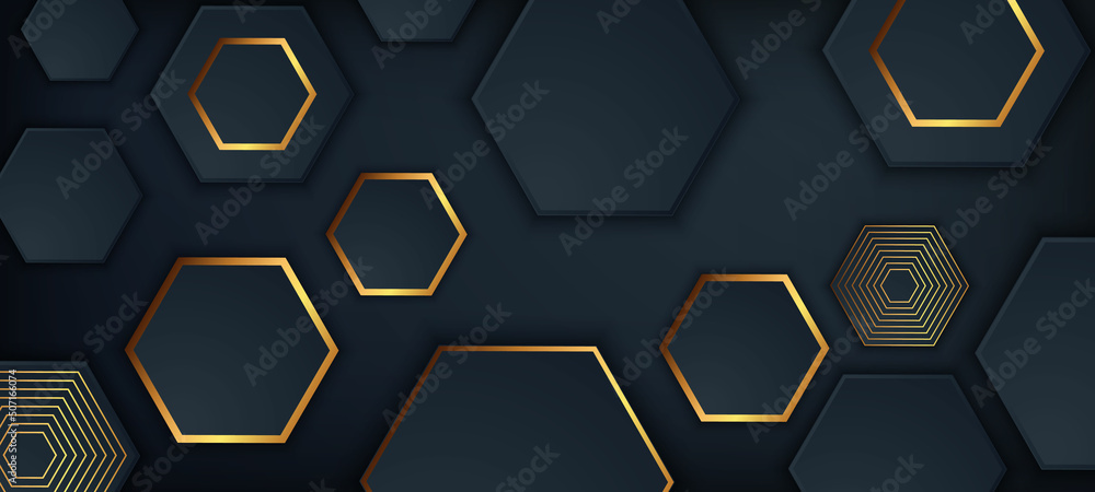Luxury hexagonal abstract black metal background with golden light ...