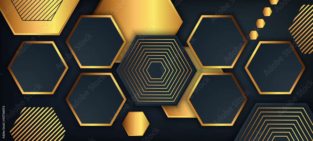 Luxury hexagonal abstract black metal background with golden light ...