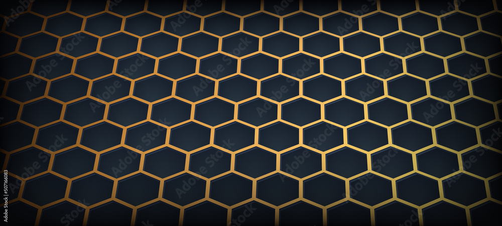 Luxury hexagonal abstract black metal background with golden light ...
