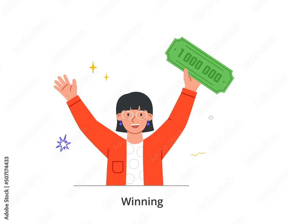 Happy lucky person concept. Woman holds check for million dollars and ...