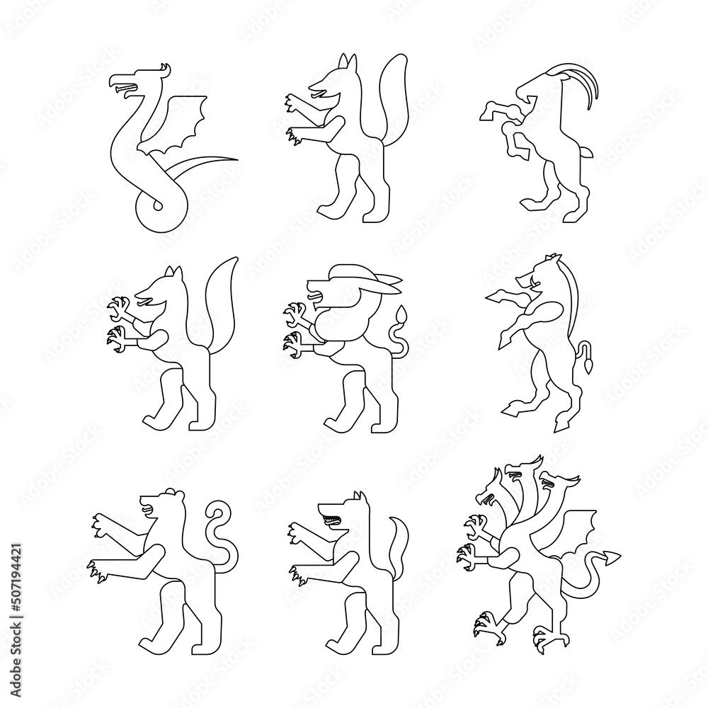 Heraldic animal set linear style. Panther, camel. Goat, Hydra and ...