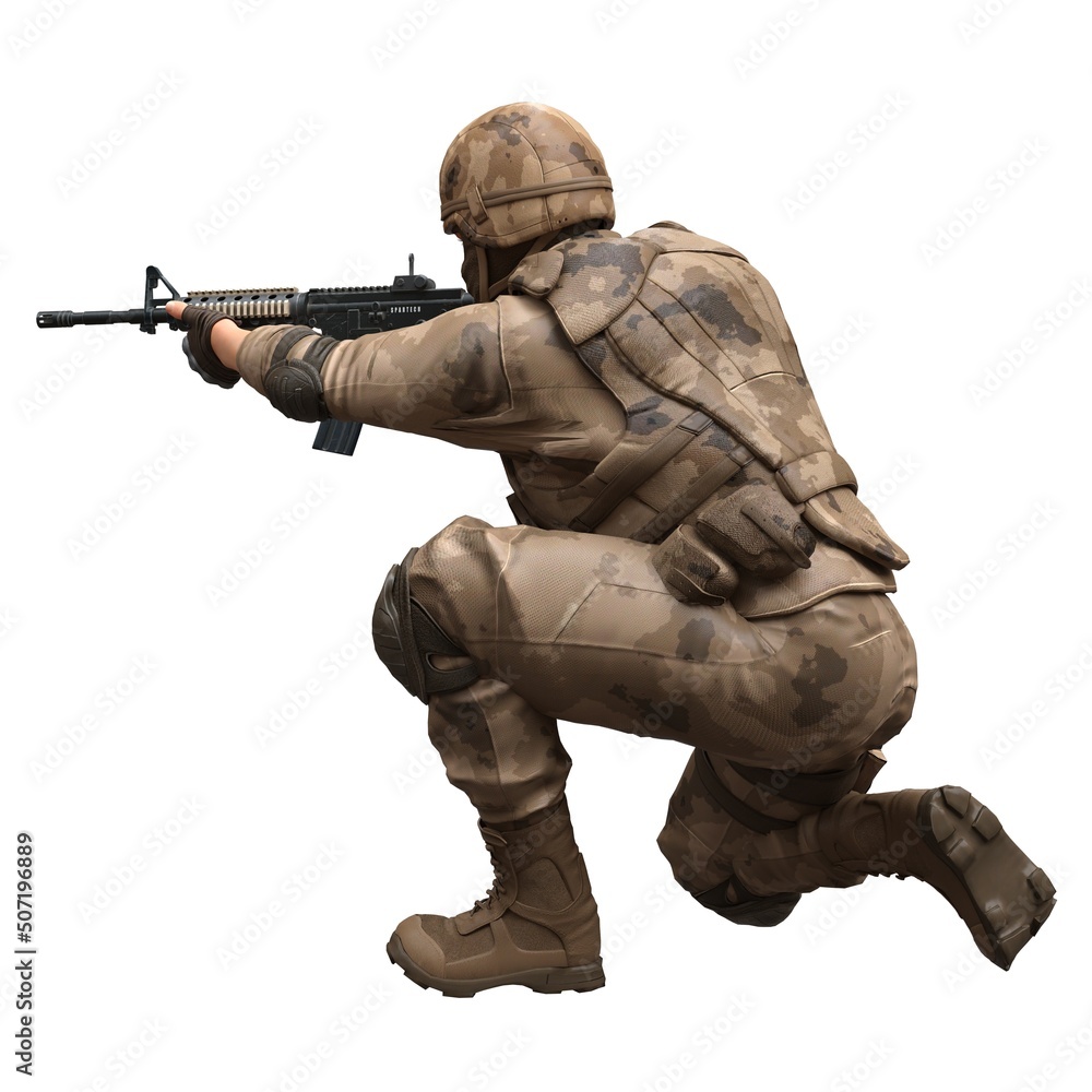 Soldier with a machine gun isolated white background 3d illustration ...