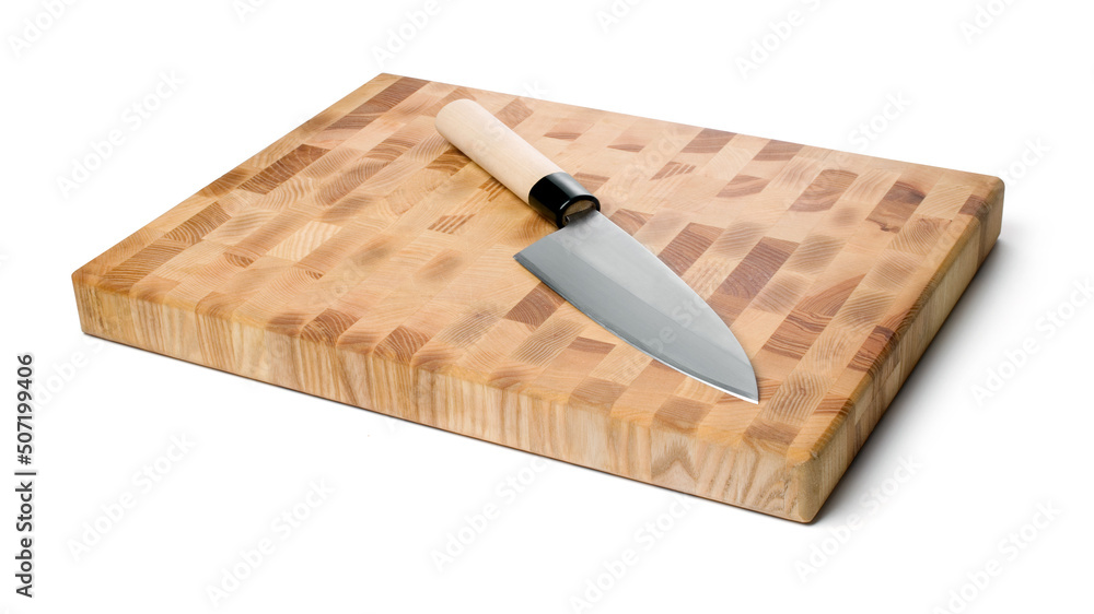 Japanese traditional deba knife and cutting board isolated on white ...