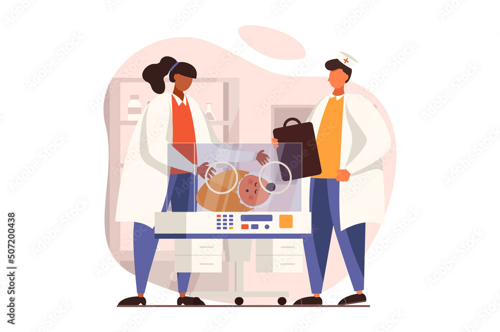 Newborn child in hospital incubator box web concept in flat design ...