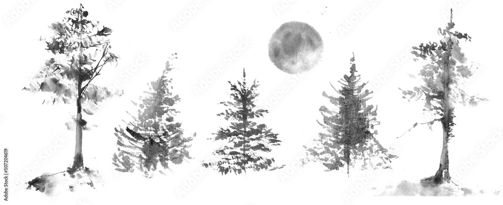 Chinese painting trees, ink illustration. Black forest. Stock ...