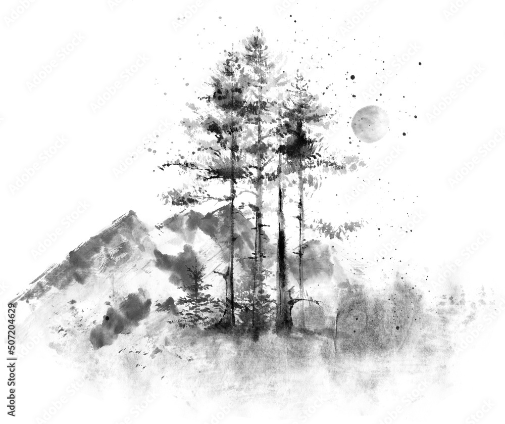 Sumi-e painting - atmospheric landscape of mountains and trees. Stock ...