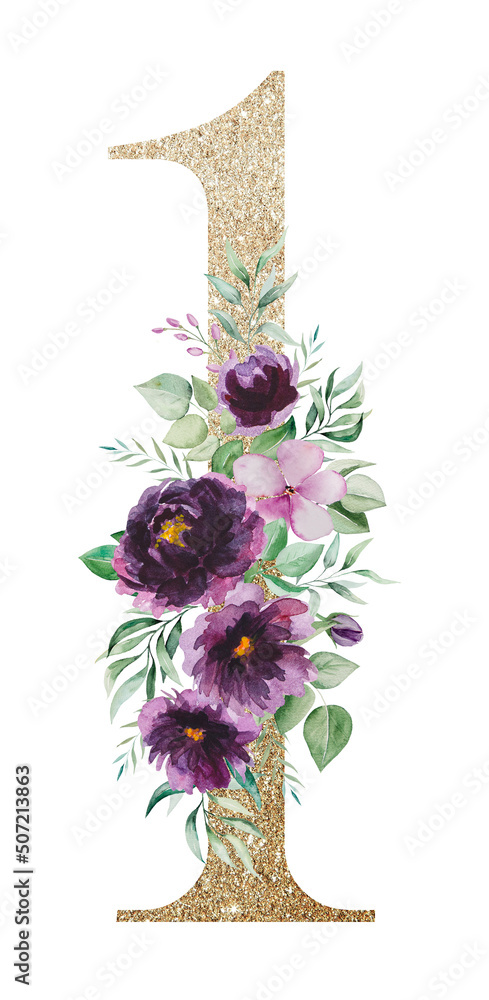 Light golden number 1 with watercolor purple roses and green leaves ...