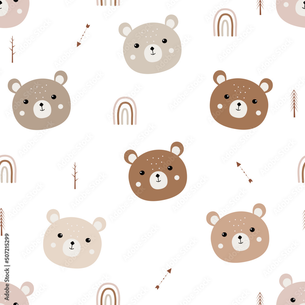 Hand drawn baby seamless pattern with a bear. Cute bear faces and a ...