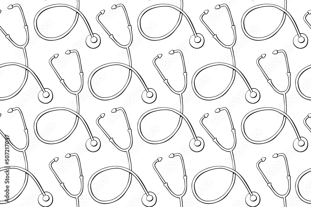 Vector seamless pattern with outline stethoscopes in doodle style ...