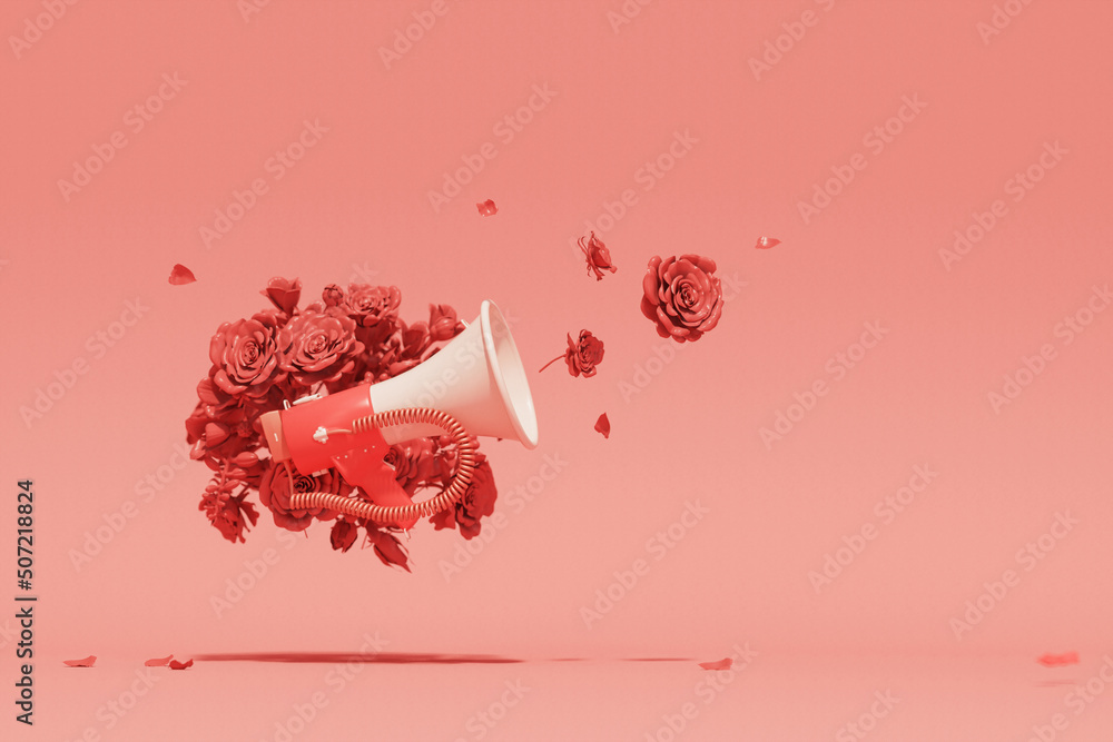 Red megaphone with rose flowers and leaves coming out of it against ...