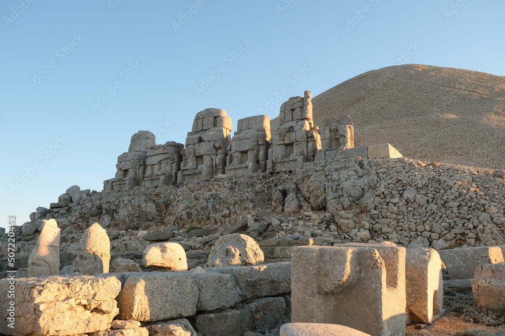 Mount Nemrut with the head in front of the statues. The UNESCO World ...