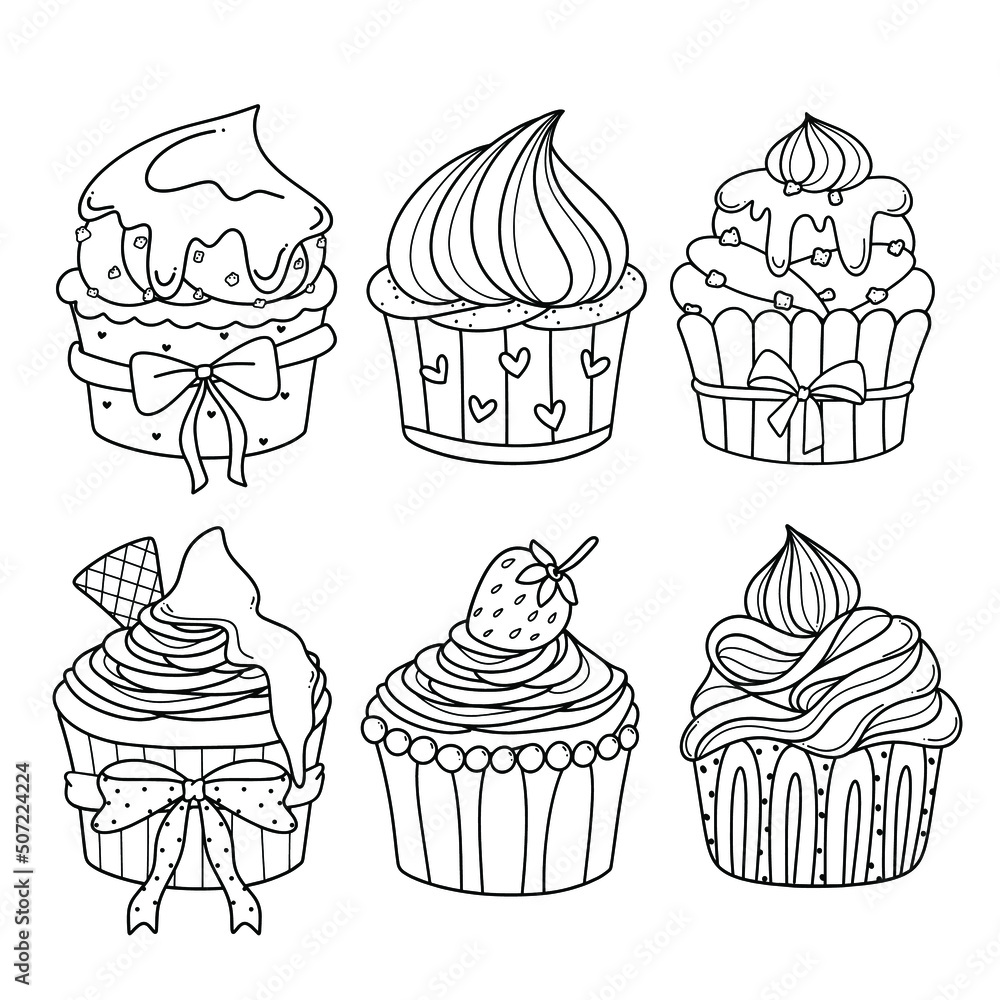 A set of sweet cupcakes with cream, heart, and strawberry. Kawaii ...