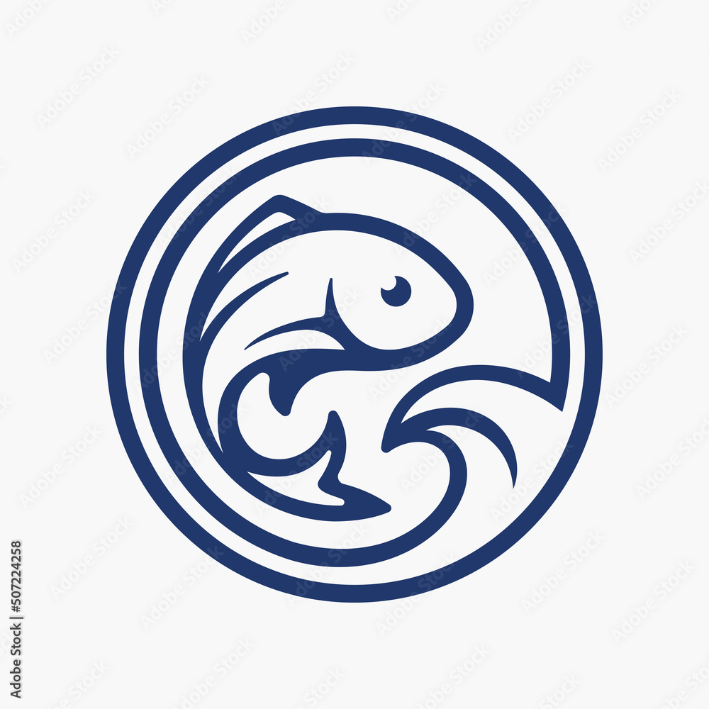 Sea fish wave logo icon. Saltwater fishing symbol. Seafood sign. Ocean ...